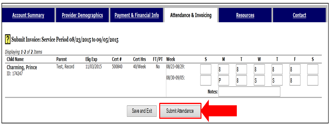 Child Care Program Account - Submit Child Care Attendance